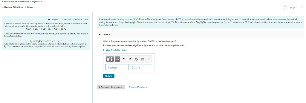 Solved Post Lecture Homework Chapter 04 +Redox Titration of | Chegg.com