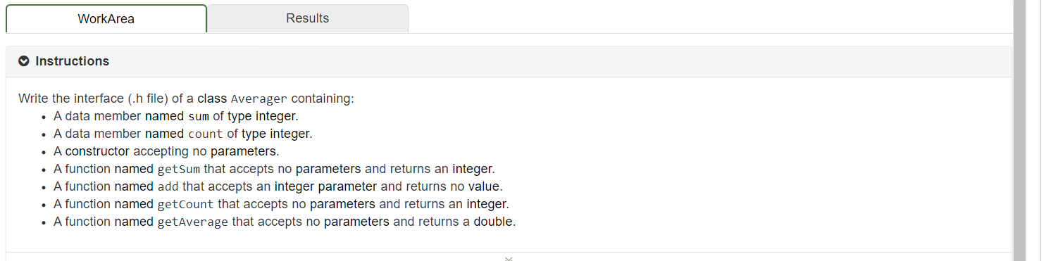 Solved WorkArea Results Instructions . Write the interface | Chegg.com