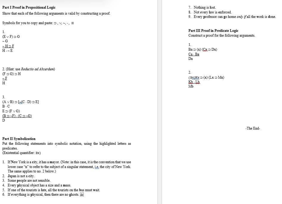 Solved Part I Proof in Propositional Logic Show that each of | Chegg.com