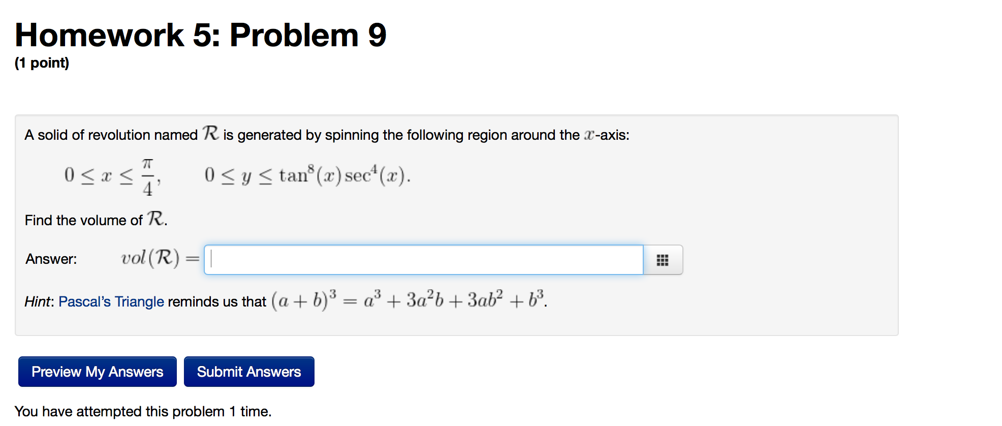 Solved Homework 5: Problem 9 (1 point) A solid of revolution | Chegg.com