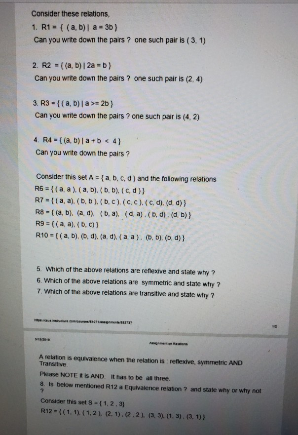 Solved Consider these relations, 1. R1 = { (a, b) a = 3b) | Chegg.com