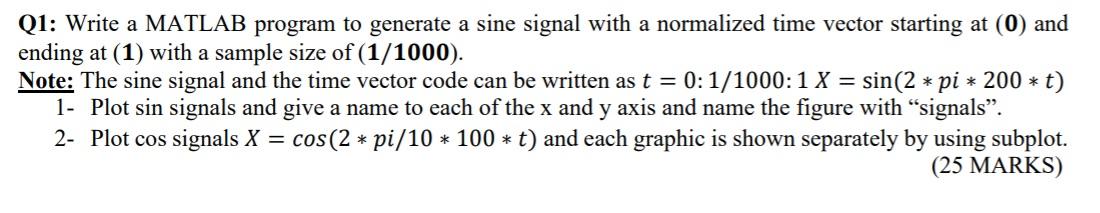 Solved Q1: Write a MATLAB program to generate a sine signal | Chegg.com