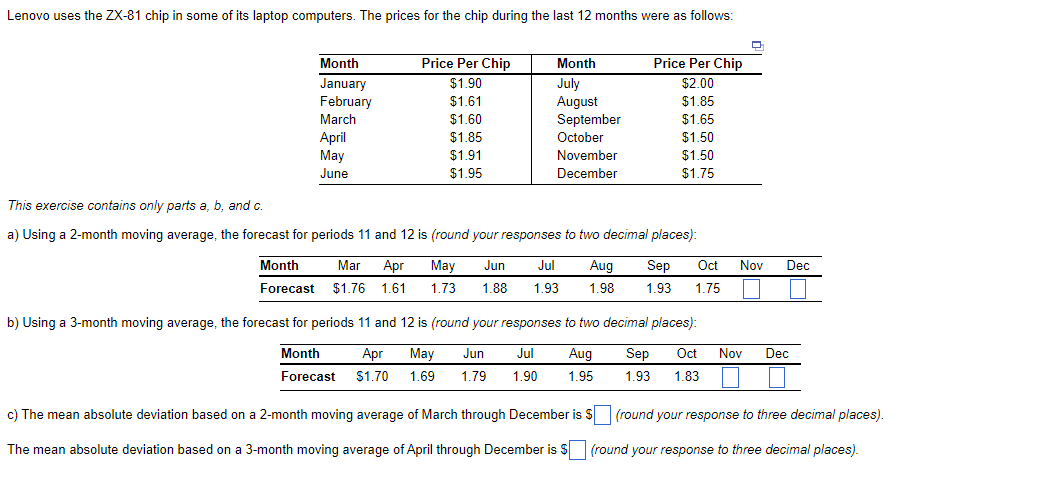 Solved c) The mean absolute deviation based on a 2-month | Chegg.com