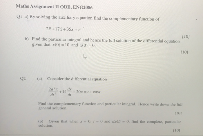 Solved Maths Assignment II ODE, ENG2086 Q1 a) By solving the | Chegg.com
