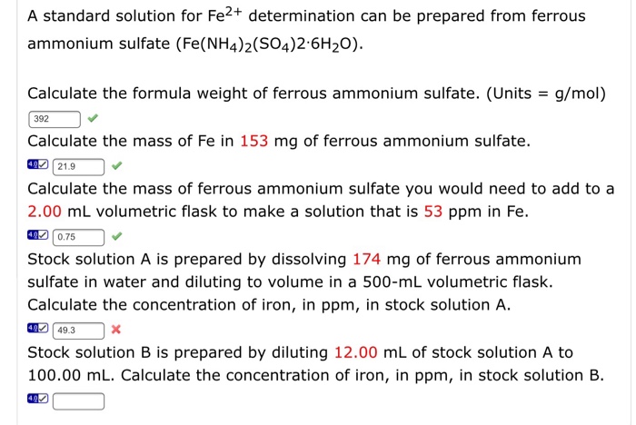 Solved A standard solution for Fe2+ determination can be | Chegg.com