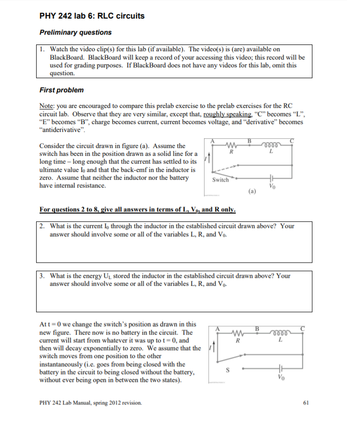 Solved PHY 242 lab 6: RLC circuits Preliminary questions 1. | Chegg.com
