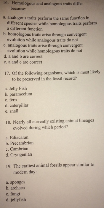 Solved 16. Homologous and analogous traits differ because a. | Chegg.com