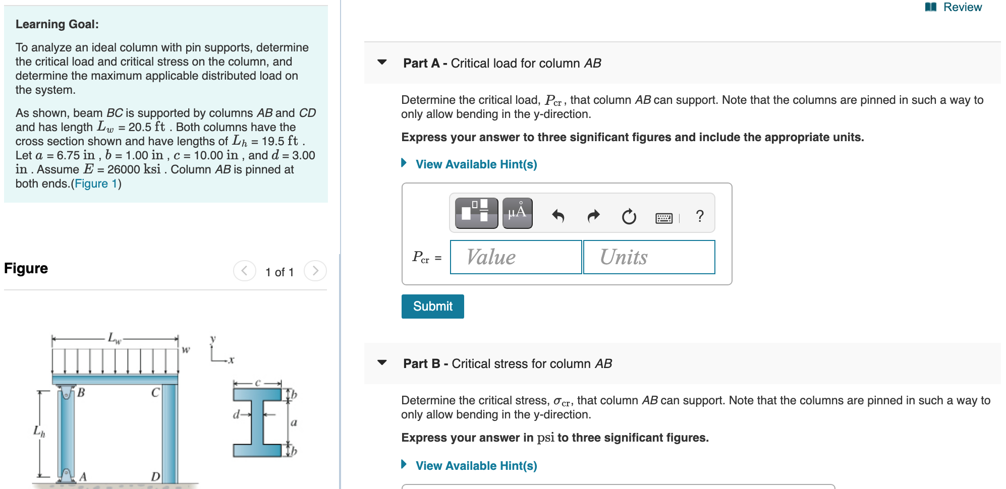 Solved II Review Part A - Critical load for column AB | Chegg.com