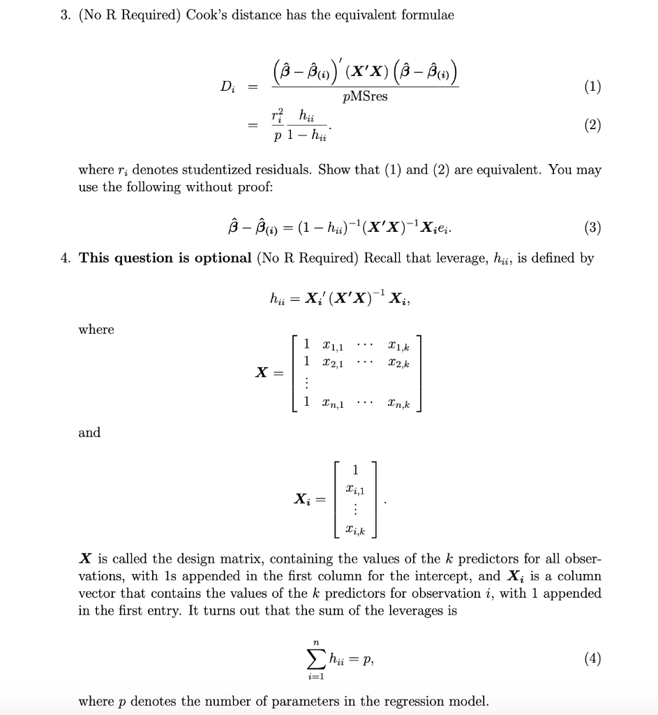 3. (No R Required) Cook's distance has the equivalent | Chegg.com