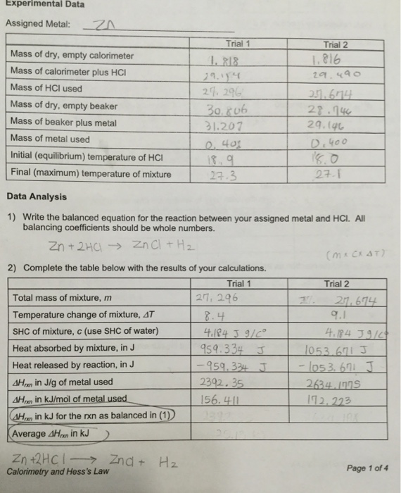 Solved Experimental Data Assigned Metal: Trial 1 Trial 2 | Chegg.com