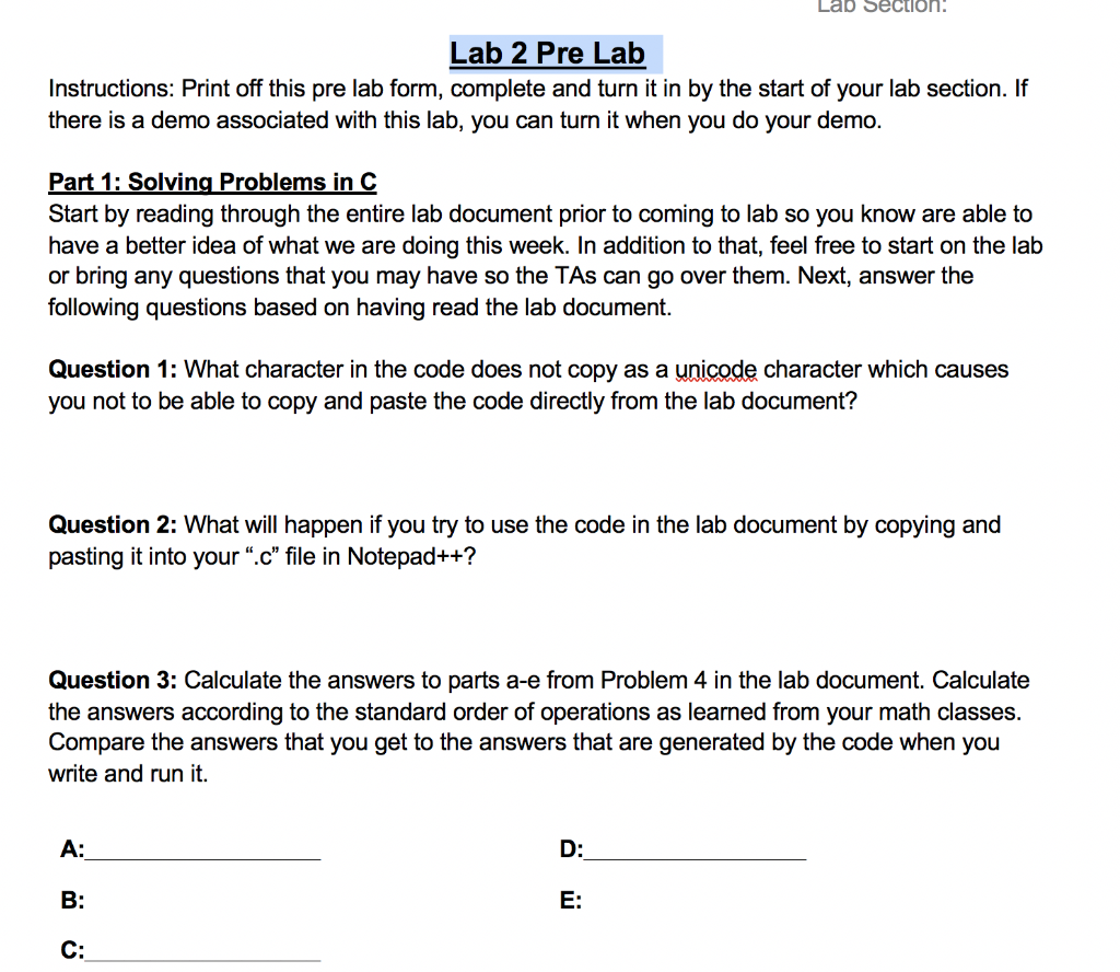 Lab Section! Lab 2 Pre Lab Instructions: Print off | Chegg.com