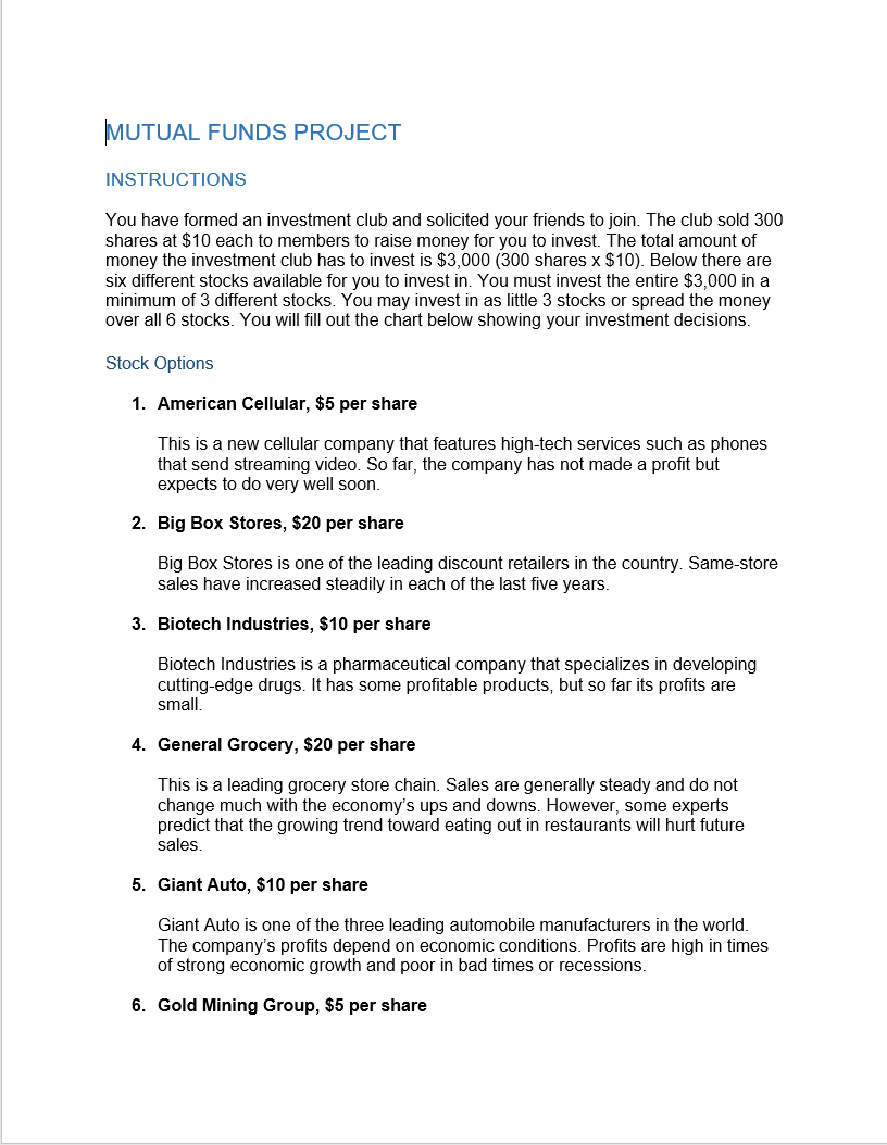 Solved MUTUAL FUNDS PROJECT INSTRUCTIONS You have formed an | Chegg.com