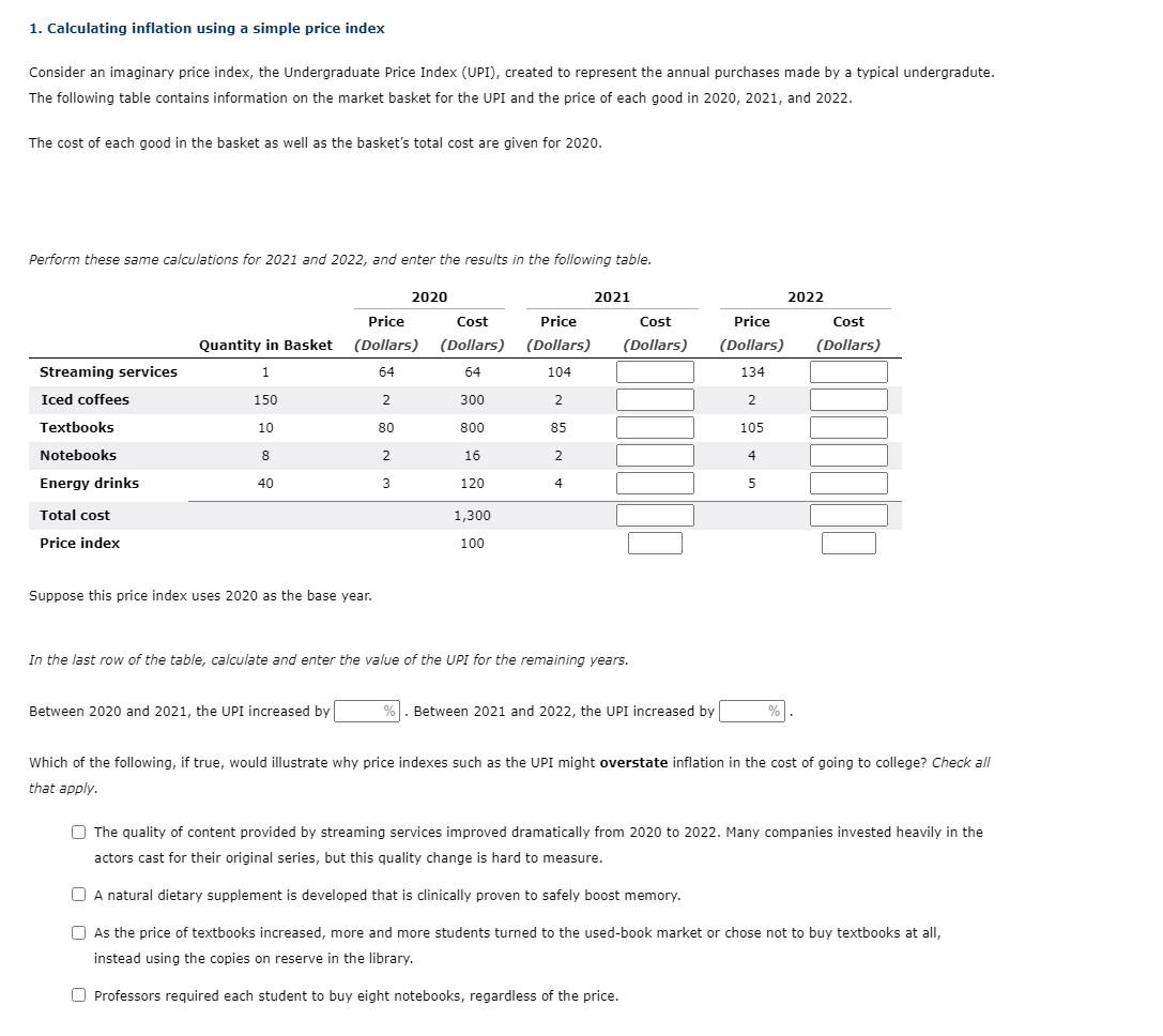 Solved 1. Calculating inflation using a simple price index | Chegg.com
