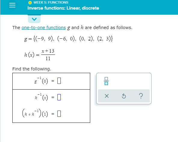 Solved WEEK 5: FUNCTIONS Inverse functions: Linear, discrete | Chegg.com