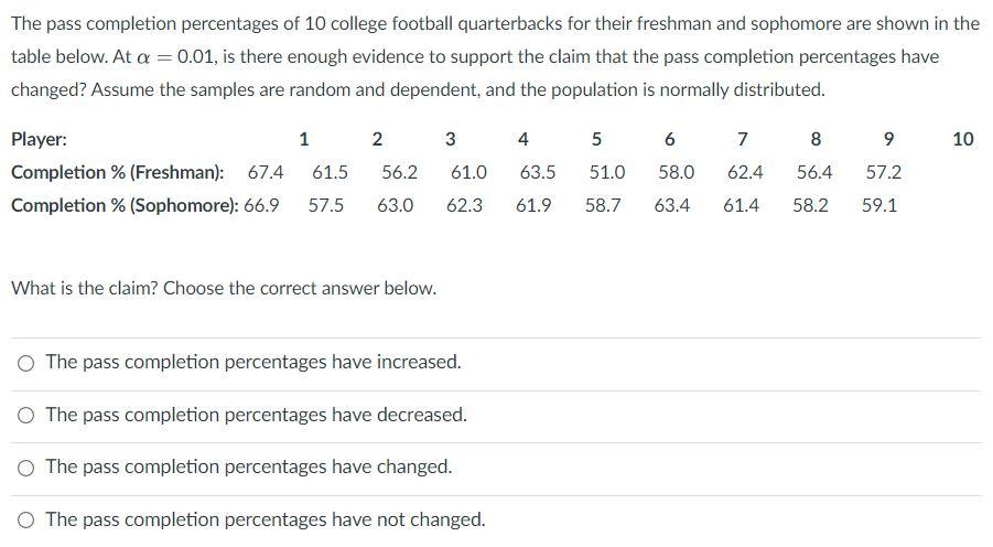 Solved The pass completion percentages of 10 college | Chegg.com