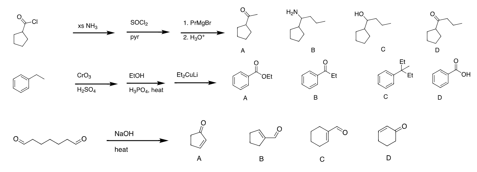 Solved H2N HO SOCI2 XS NH3 1. PrMgBr pyr 2. H30+ А. B с D Et | Chegg.com