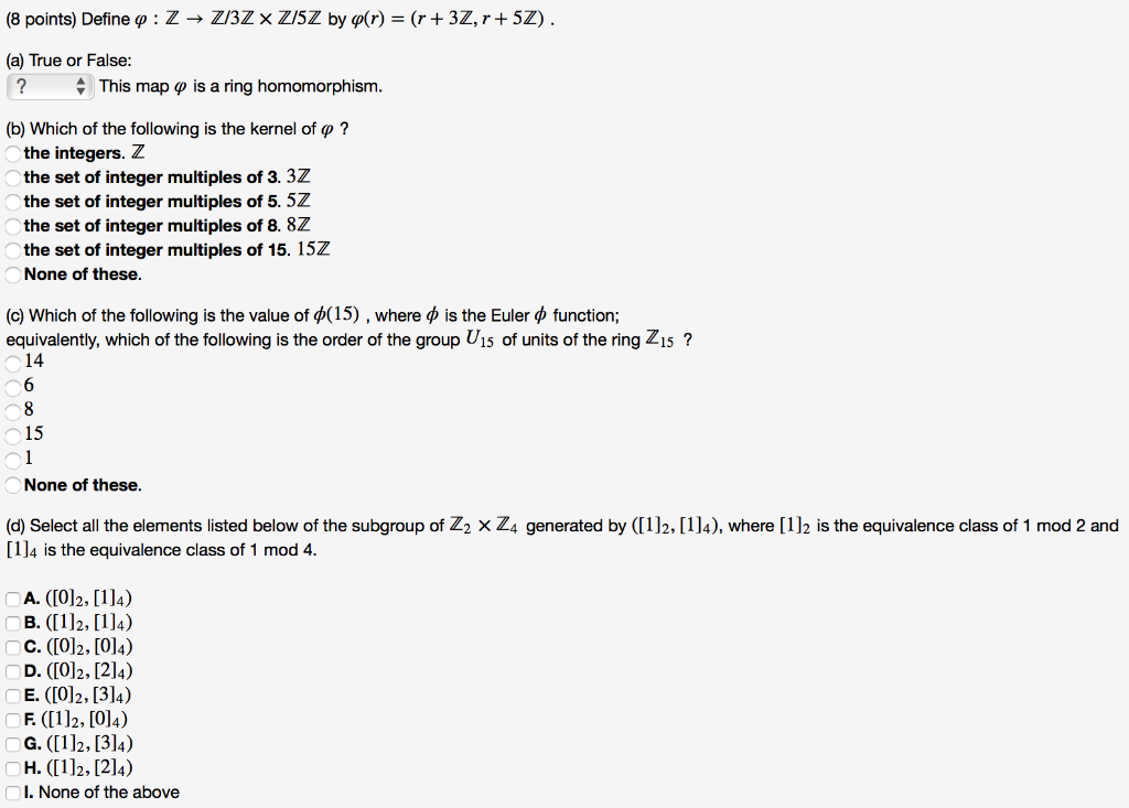 Solved (8 points) Define :Z → Z/3Z X ZISZ by o(r) = (r +3Z,r | Chegg.com