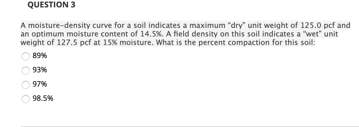 Solved QUESTION 3 A moisture-density curve for a soil | Chegg.com