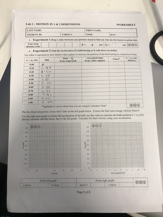 Solved Lab 1 - MOTION IN 1 & 2 DIMENSIONS WORKSHEET LAST | Chegg.com