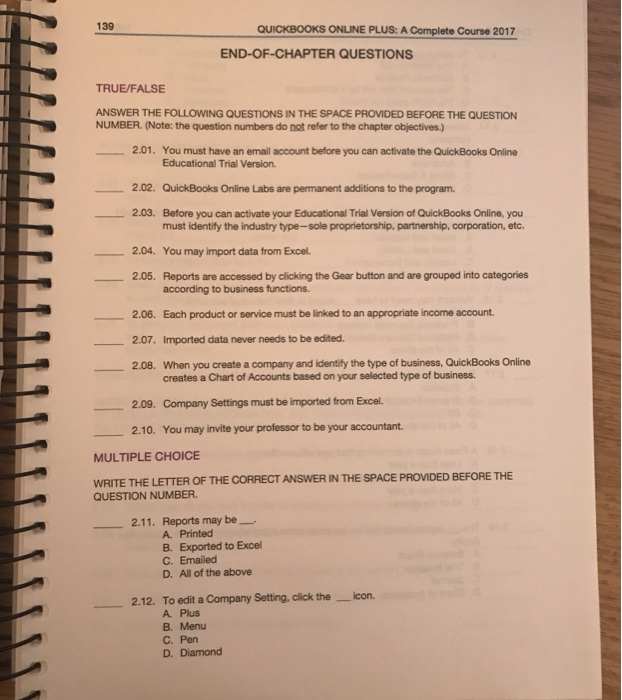 Solved 139 QUICKBOOKS ONLINE PLUS: A Complete Course 2017 | Chegg.com