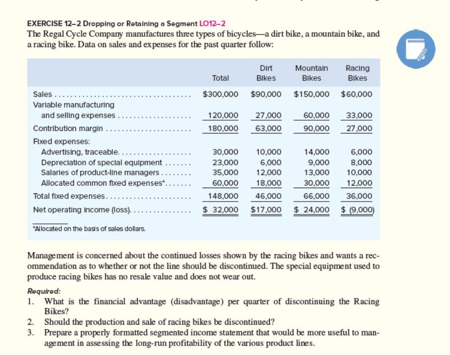Solved EXERCISE 12-2 Dropping or Retaining a Segment LO12-2 | Chegg.com