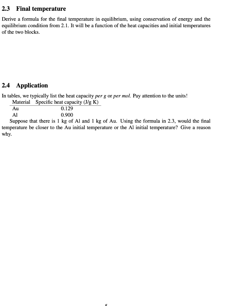 Solved 2.3 Final temperature Derive a formula for the final | Chegg.com