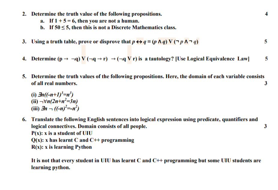 Solved 2. Determine the truth value of the following | Chegg.com