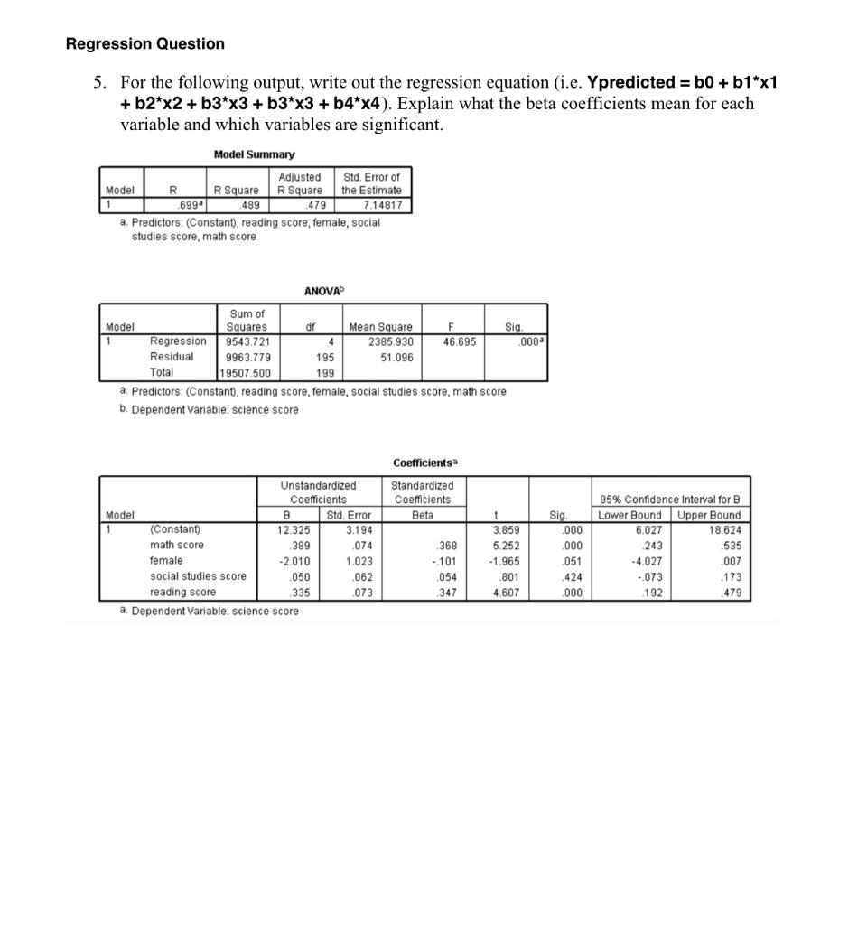 Solved Regression Question 5. For the following output, | Chegg.com