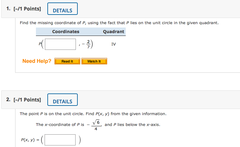 Solved 1. [-/1 Points] DETAILS Find the missing coordinate | Chegg.com