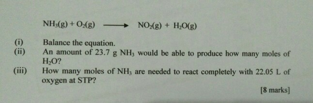 Solved NH3(g) + O2(g) NO2(g) + H2O(g) Balance the equation. | Chegg.com
