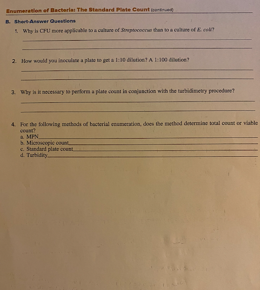 Solved Enumeration of Bacteria: The Standard Plate Count | Chegg.com