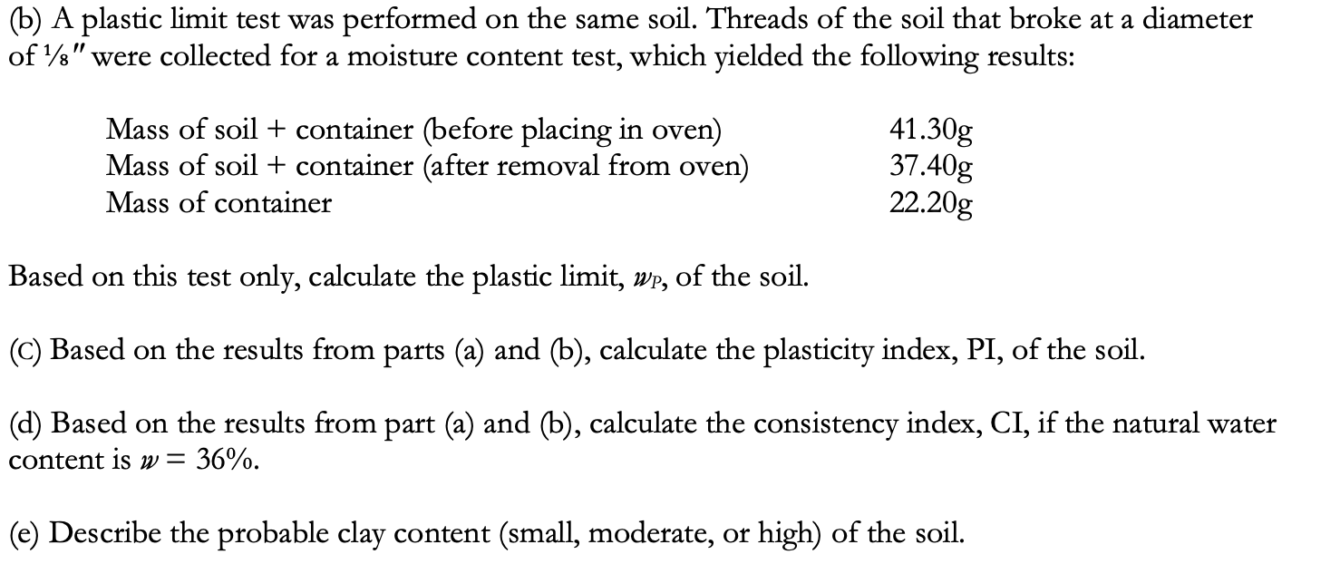Solved (b) ﻿A plastic limit test was performed on the same | Chegg.com