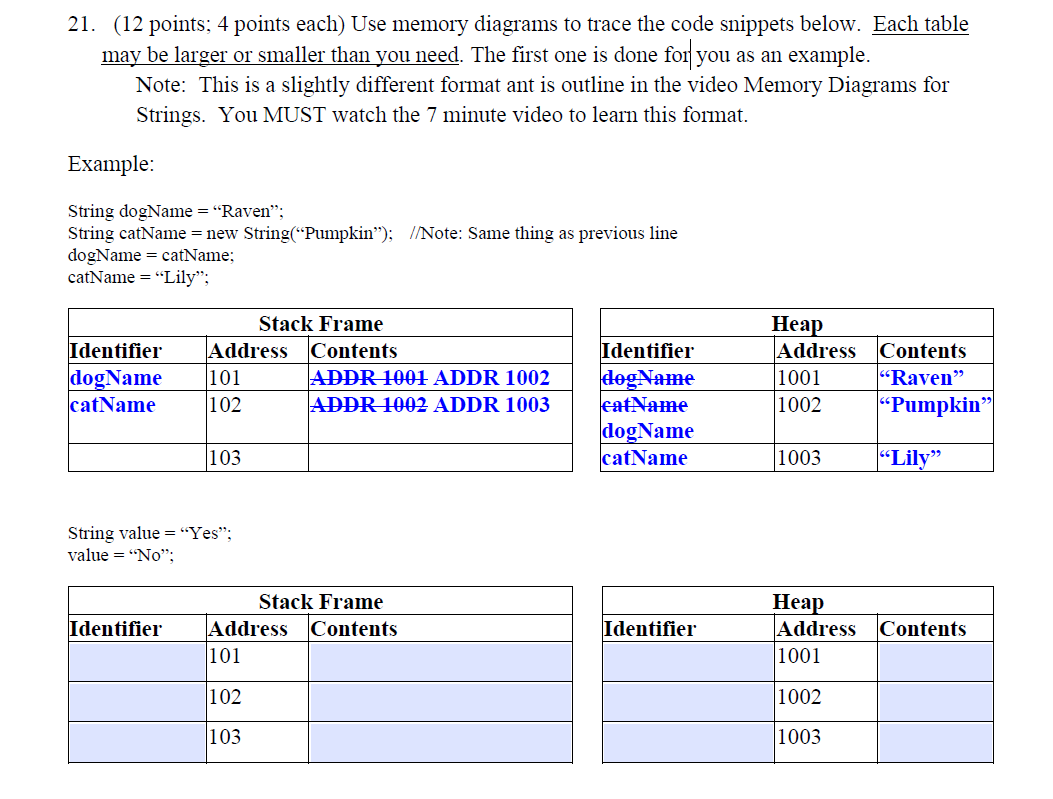 Solved 21 12 Points 4 Points Each Use Memory Diagrams To