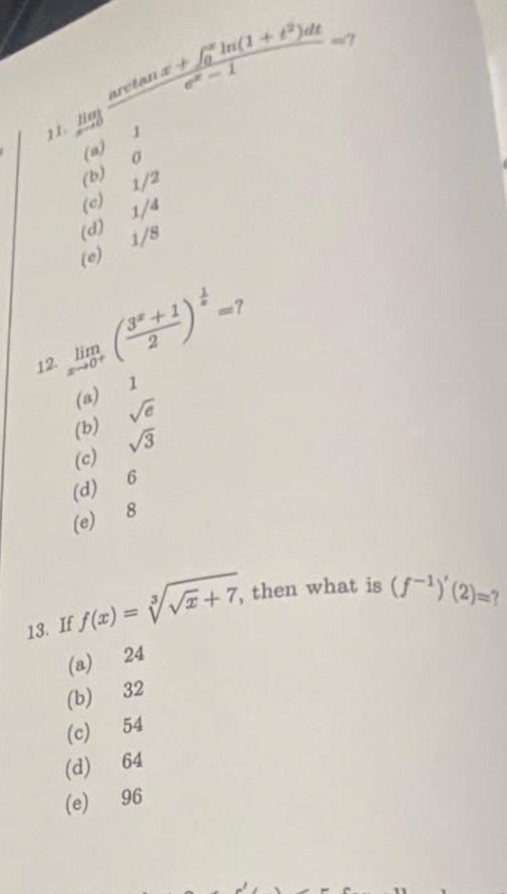 Solved 11. lig0coscos2+∫0lne2ln(1+t2)dt−7 (a) 1 (b) 1 (c) | Chegg.com
