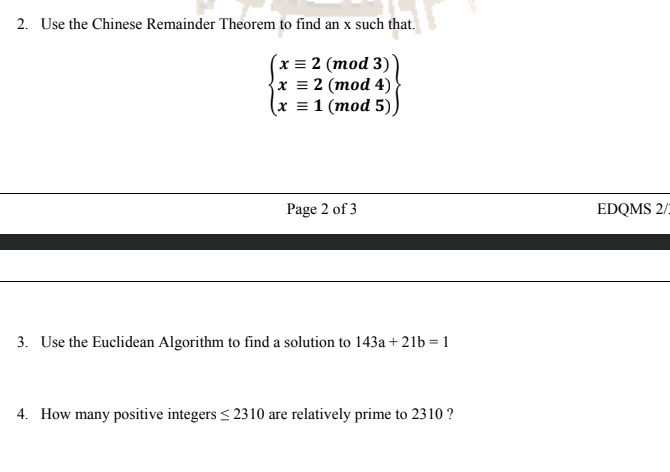 Solved 2. Use the Chinese Remainder Theorem to find an x | Chegg.com