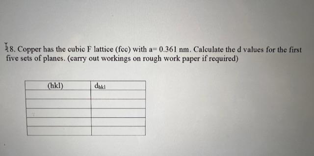 Solved 18. Copper has the cubic F lattice (fcc) with a=0.361 | Chegg.com
