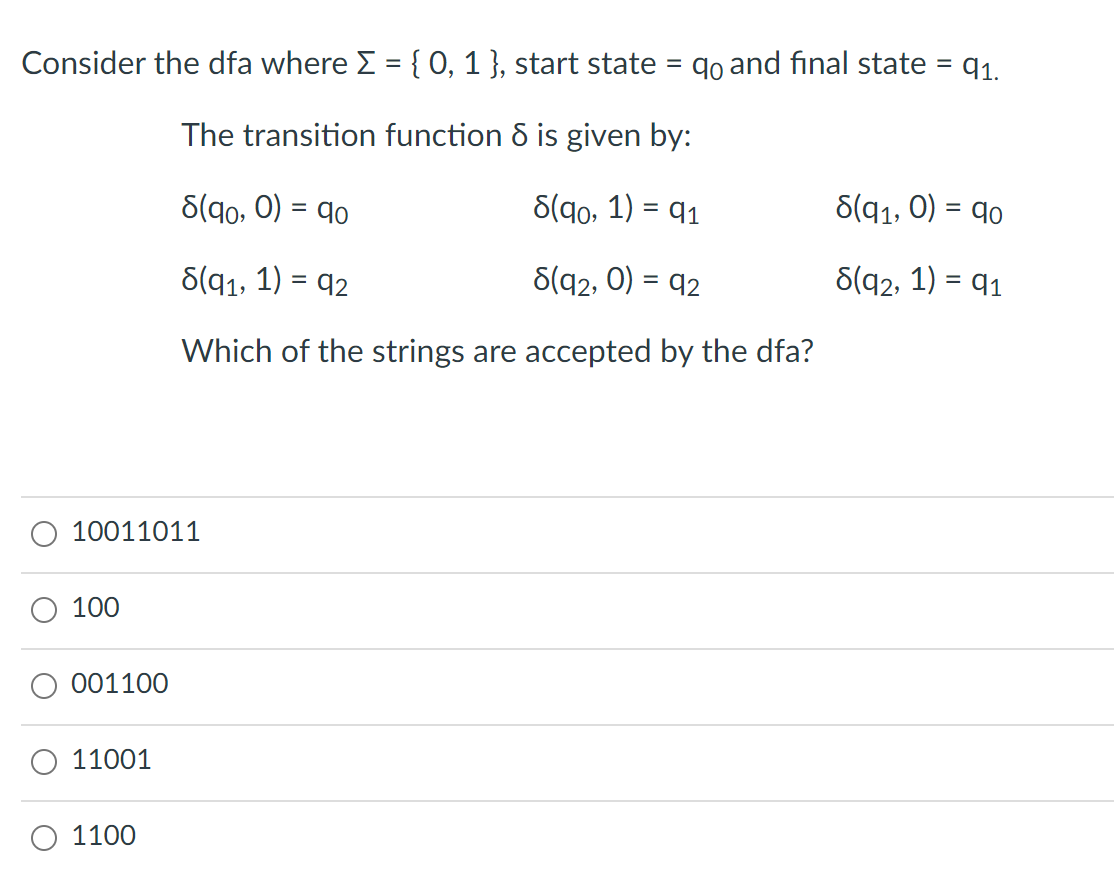 Solved Consider the dfa where Σ={0,1}, start state =q0 and | Chegg.com