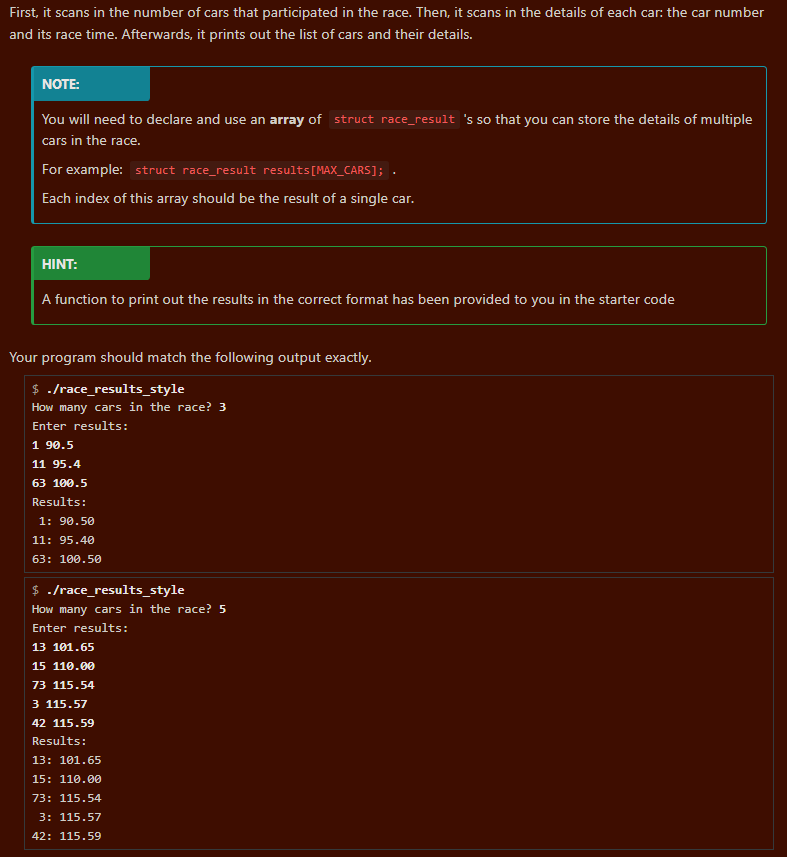 Solved Complete the C program race_results_style.c, so that | Chegg.com