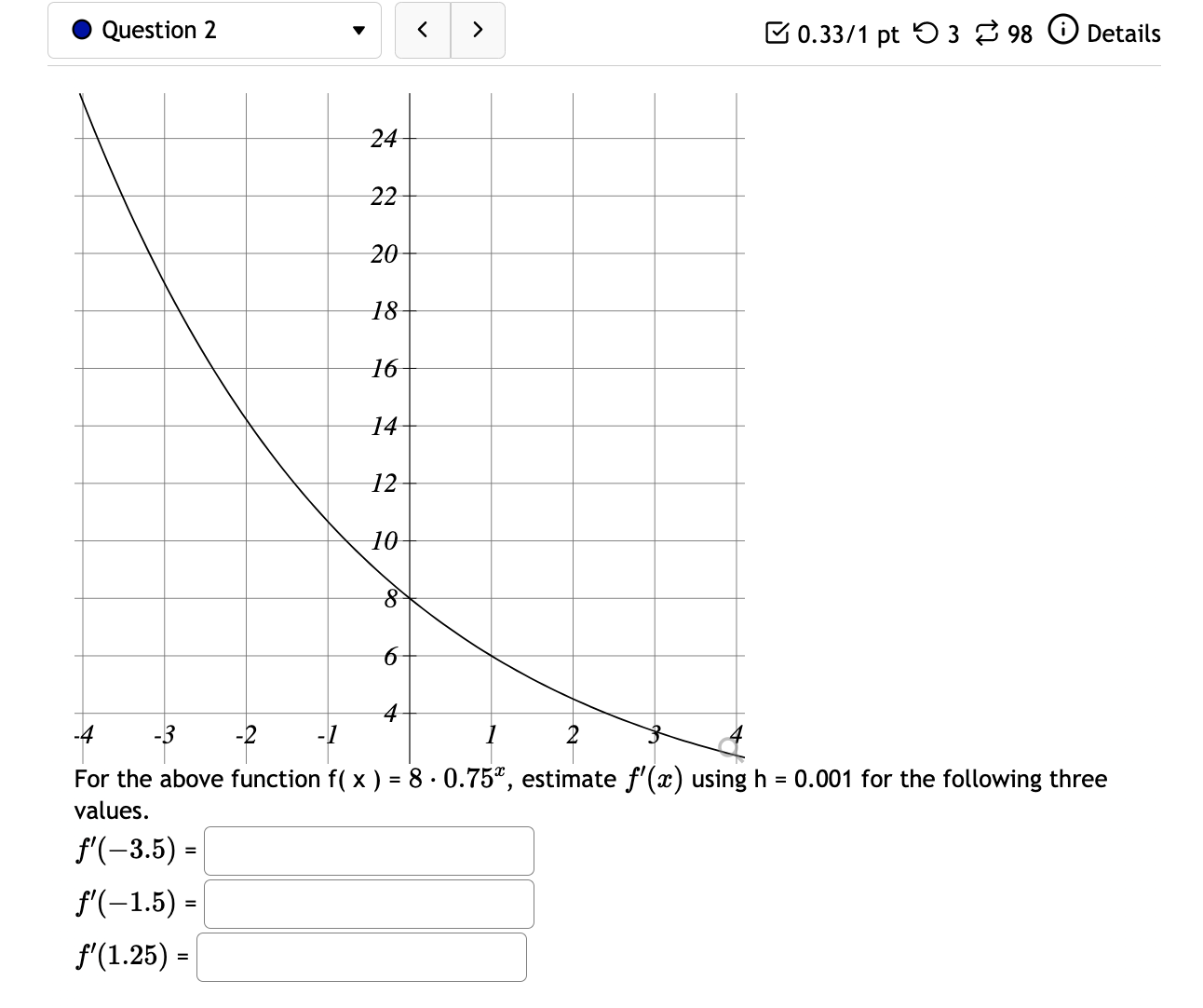 Solved For the above function f(x)=8⋅0.75┘, estimate f′(x) | Chegg.com