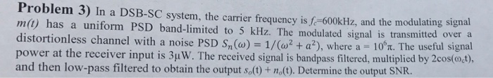Solved Problem 3) In a DSB-SC system, the carrier frequency | Chegg.com