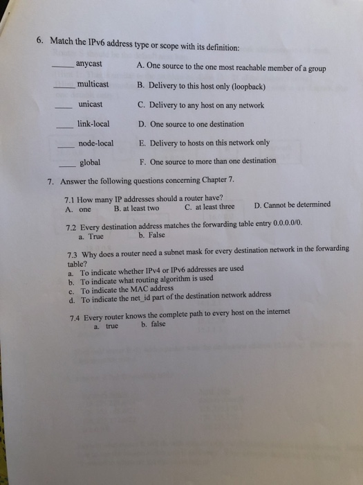 Solved 6. Match the IPv6 address type or scope with its | Chegg.com