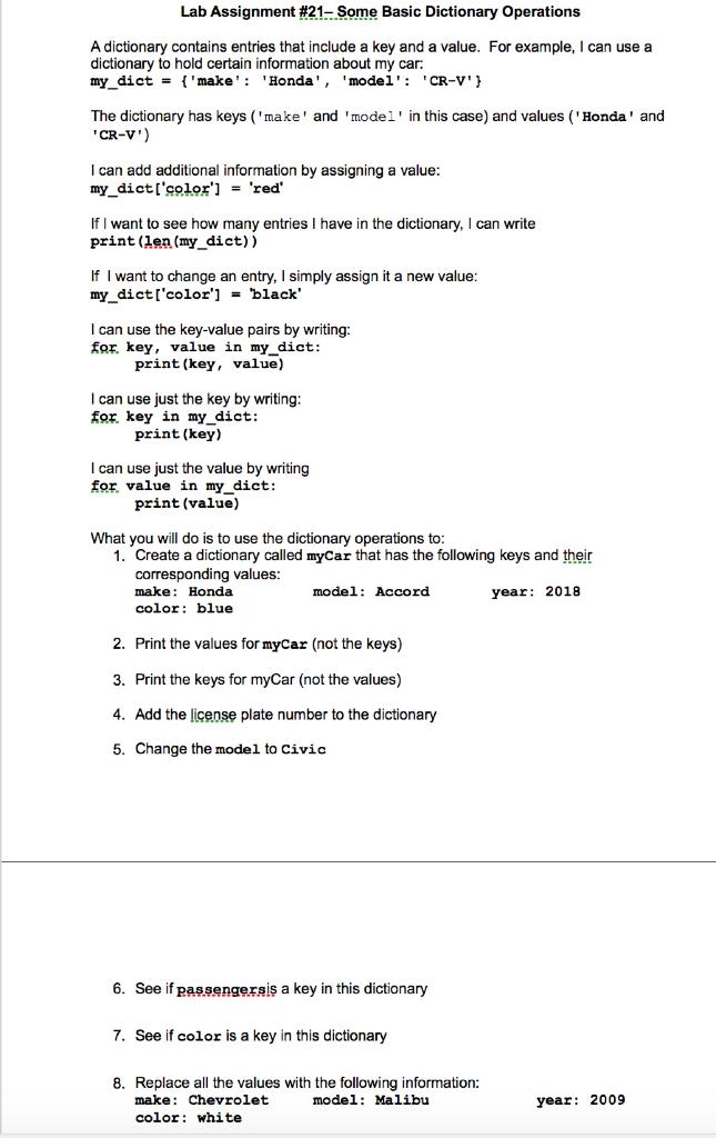 Solved Lab Assignment #21- Some Basic Dictionary Operations | Chegg.com