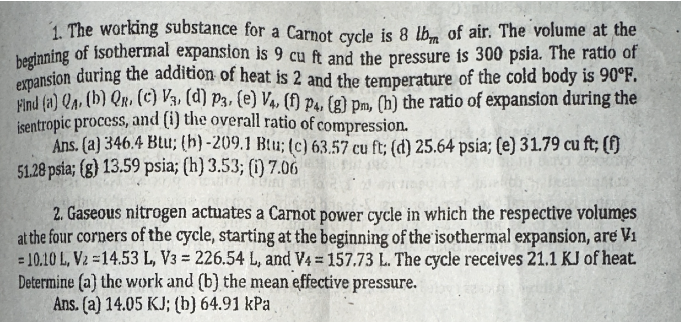 Solved 1. The working substance for a Carnot cycle is 8lbm | Chegg.com