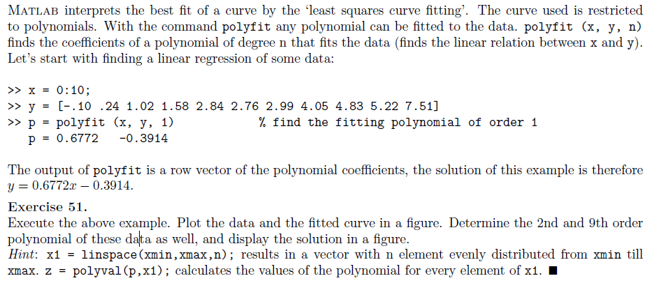 Solved MATLAB interprets the best fit of a curve by the | Chegg.com