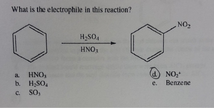 Solved What is the electrophile in this reaction? NO2 H2SO4 | Chegg.com