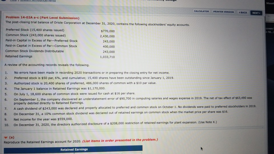 Solved Moust CALCULATOR PRINTER VERSION BACK NEXT Problem | Chegg.com
