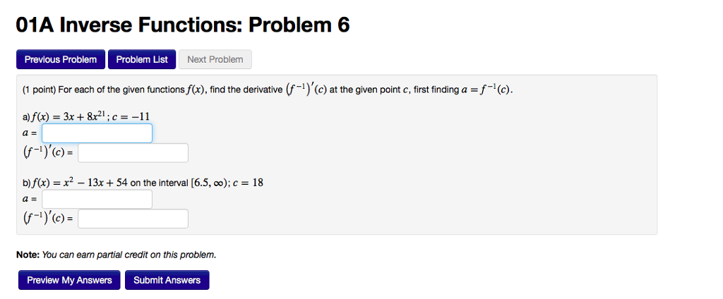 Solved 01A Inverse Functions: Problem 6 Previous Problem | Chegg.com