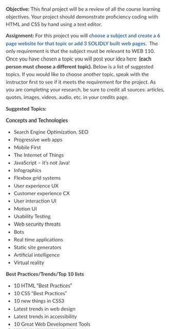 Solved Objective: This final project will be a review of all | Chegg.com