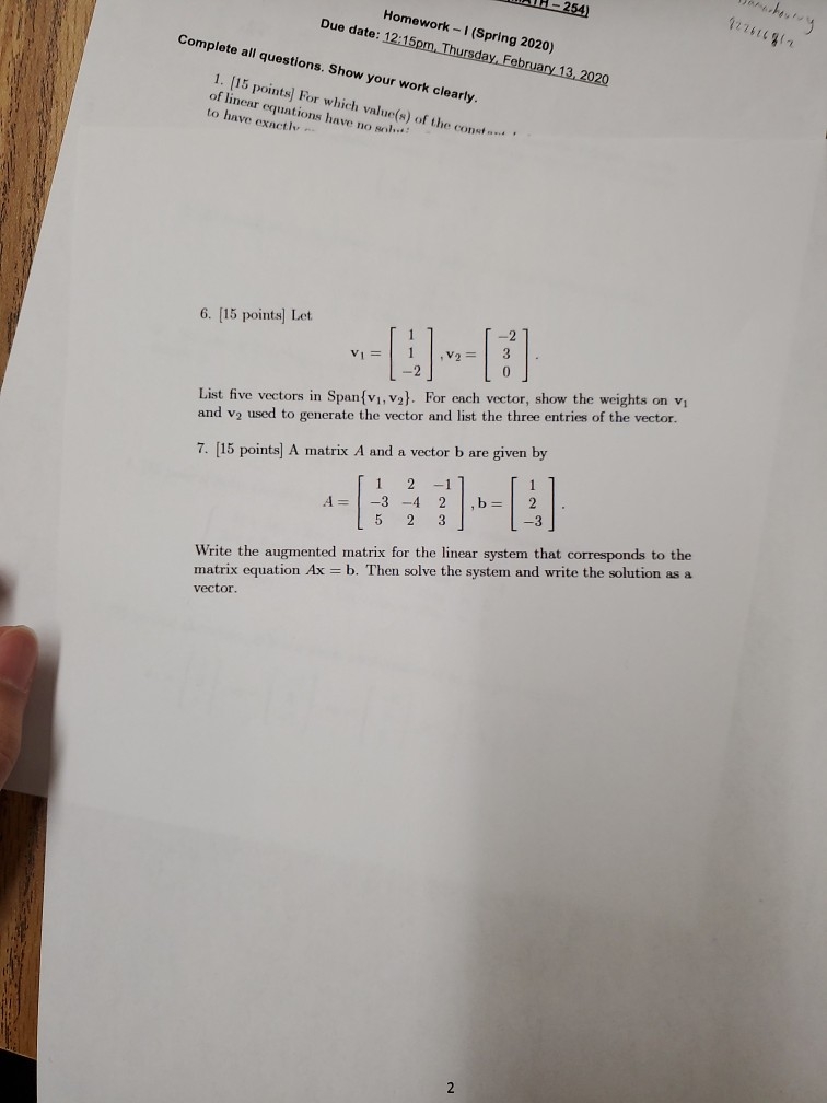 Solved Intro to Linear Algebra (MATH - 254) Homework - 1 | Chegg.com