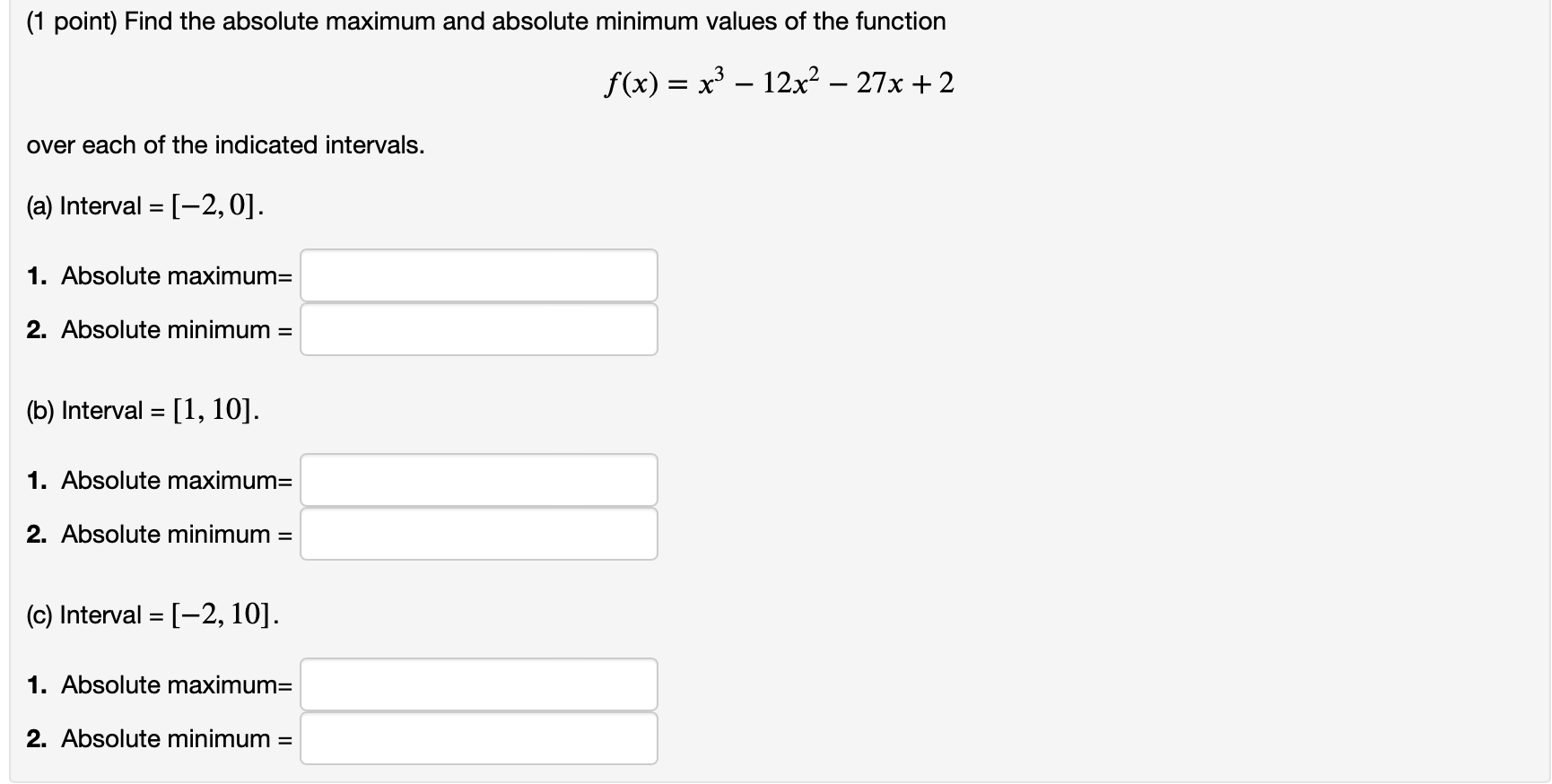 Solved (1 ﻿point) ﻿Find the absolute maximum and absolute | Chegg.com
